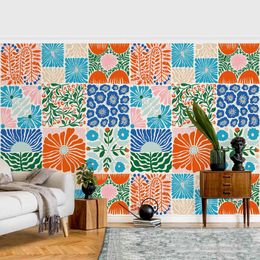 Bilderwelten Fototapete | Vliestapete inkl. Kleister oder selbstklebende Tapeten nach Ma&szlig; | nahtlose Textiltapete - Retro Patchwork Blumen Muster Bunt