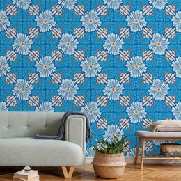 Bilderwelten Fototapete | Vliestapete inkl. Kleister oder selbstklebende Tapeten nach Ma&szlig; | nahtlose Textiltapete - Retro Bl&uuml;ten Muster Blau