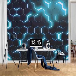 Fototapete Strukturierte Hexagone mit Neonlicht in T&uuml;rkis