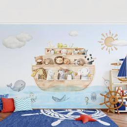 Fototapete - Niedliche Tierkinder auf der Arche - Strand modern Aquarell pastell Boot Schiff & U-Boot Kinderzimmer Baby M&auml;dchen Jungen