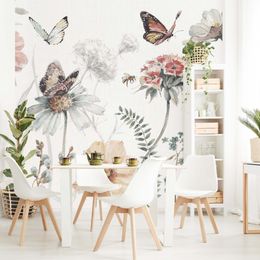 Fototapete Aquarell Blumenwiese mit Schmetterlingen
