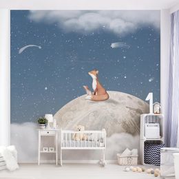 Fototapete - Fuchs und Maus auf dem Mond Blau - Tiere modern Wandtapete blau Himmel Kinderzimmer Baby M&auml;dchen Jungen
