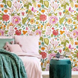 Fototapete Illustriertes Blumen Chinoiserie Muster auf Hellrosa