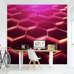 Fototapete Hexagone mit Neonlicht in Pink und Rot