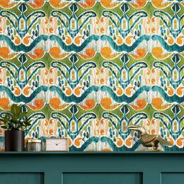 Bilderwelten Fototapete Textiltapete Stofftapete - nahtlose Tapete | Ikat Muster Bali orange und gr&uuml;n