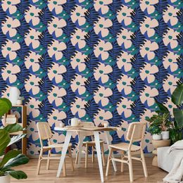 Bilderwelten Fototapete Textiltapete Stofftapete - nahtlose Tapete | Blumen und Bl&auml;tter auf Blau