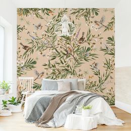 Fototapete Verspielte Rotkehlchen auf Beige