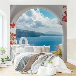 Fototapete Santorini Blick durch Steinbogen