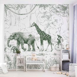 Fototapete - Tierparade im Dschungel Dunkelgr&uuml;n - Wald Tropisch Wandtapete gr&uuml;n B&auml;ume Kinderzimmer Baby M&auml;dchen Jungen