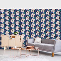 Bilderwelten Fototapete Blumen und Bl&auml;tter auf Blau