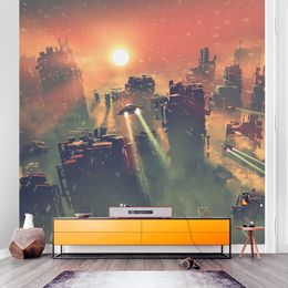Bilderwelten Fototapete Textiltapete Stofftapete - nahtlose Tapete | Sci-Fi Raumschiffe im Sonnenaufgang