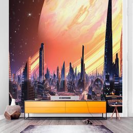 Bilderwelten Fototapete Textiltapete Stofftapete - nahtlose Tapete | Sci-Fi Gro&szlig;stadt mit Planet