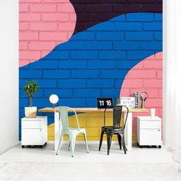 Bilderwelten Fototapete Textiltapete Stofftapete - nahtlose Tapete | Bunte Ziegelwand in Blau und Rosa