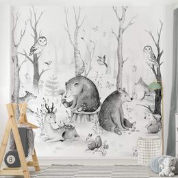 Bilderwelten Fototapete Textiltapete Stofftapete - nahtlose Tapete | Aquarell Waldtierfreunde Schwarz Wei&szlig;