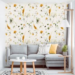Fototapete Wildblumen Aquarell Muster auf Beige