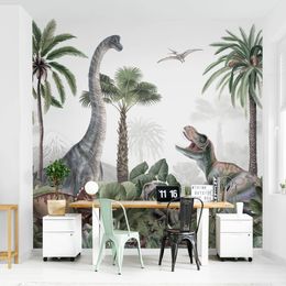 Fototapete - Dinosauriergiganten im Dschungel - Wald Tropisch Wandtapete gr&uuml;n Dinosaurier Kinderzimmer Baby M&auml;dchen Jungen