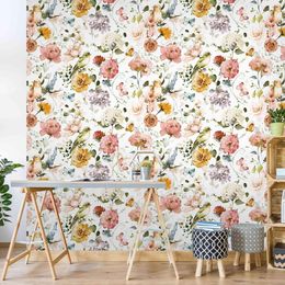 Fototapete Blumen und V&ouml;gel Aquarell Muster