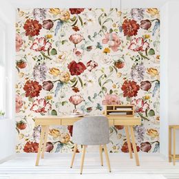 Fototapete Blumen Aquarell Vintage Muster auf Beige