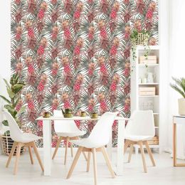 Mustertapete Rote Ananas mit Palmenbl&auml;ttern Tropisch