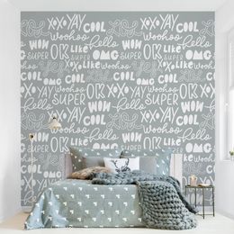Bilderwelten Fototapete Textiltapete Stofftapete - nahtlose Tapete | Typography Hello Super Wow auf Grau