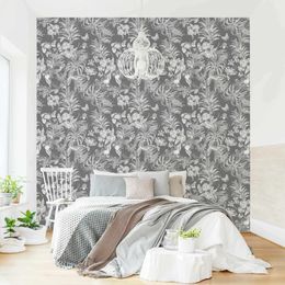 Bilderwelten Fototapete Textiltapete Stofftapete - nahtlose Tapete | Tropische Blumen vor Grau