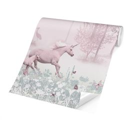 Fototapete Einhorn auf Blumenwiese in Rosa