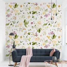 Fototapete Wildblumen und Wei&szlig;e Rosen Aquarell Muster