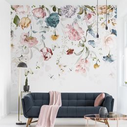Fototapete Rankende Blumen mit Schmetterlingen Aquarell