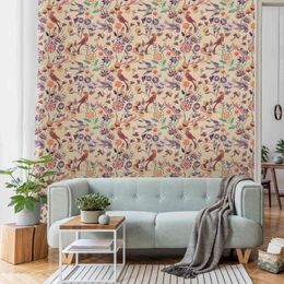 Fototapete Indisches Muster V&ouml;gel mit Blumen Beige