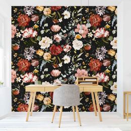 Fototapete Blumen Aquarell Vintage Muster auf Schwarz