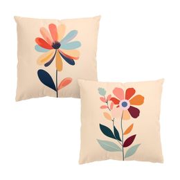 Bilderwelten Dekokissen 2er Set beige Blumen modern - Abstraktes Retro Bl&uuml;tenpaar - Bett Couch Sofakissen Bezug & F&uuml;llung in 40x40 50x50 60x60