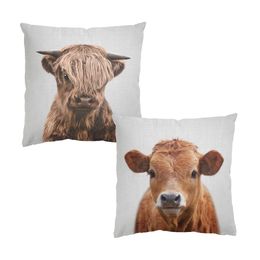 Bilderwelten Dekokissen 2er Set braun Tiere Motiv - Hochlandrind Kuh Duo - Bett Couch Sofakissen Bezug & F&uuml;llung in 40x40 50x50 60x60