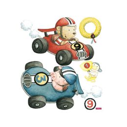 Wandtattoo Kinderzimmer Junge Pitzelpatz und Freunde beim Autorennen Auto Babyzimmer Wandsticker Tiere B&auml;r Wandaufkleber in S-XXL Steinbeck
