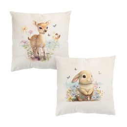 Dekokissen 2er Set Hase und Rehkitz auf Blumenwiese