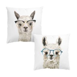 Outdoorkissen 2er Set - Hippe Lamas mit Brille Duo - grau Tiere modern Balkon Gartenkissen wetterfest 40x40 50x50 60x60