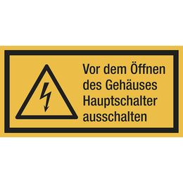 Kombischilder mit Text f&uuml;r Warnkennzeichen, Vor dem &Ouml;ffnen des Geh&auml;uses, Hauptschalter ausschalten, VE 10 Stk, Folie, LxH 52 x 26 mm kaiserkraft