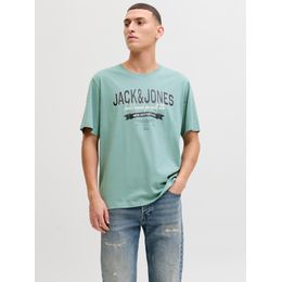 Jack & Jones Rundhalsshirt JACK & JONES "JJELOGO TEE SS O-NECK 2 COL SS26 SN", Jungen, Gr. XL, mineral blau, Jersey, Obermaterial: 100% Baumwolle, bedruckt, unifarben, Rundhals, Shirts Rundhalsshirt, mit Grafikprint