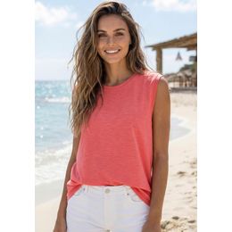 Beach Time Shirttop BEACHTIME "mit breiten Schultern", Damen, Gr. 32/34, rosa (koralle), Slub, Obermaterial: 95% Viskose (LENZING&trade; ECOVERO&trade;), 5% Elasthan, unifarben, Basic, bequem normal, Rundhals, Tops Shirttop, aus elastischer Viskose-Qualit&auml;t