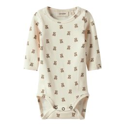 Langarmbody LIL' ATELIER "NBNGAYO ELO LS SLIM BODY LIL NOOS", Jungen, Gr. 80, N-Gr, turtledove aop:teddybear, Jersey, Obermaterial: 57% Baumwolle, 38% Lyocell, 5% Elasthan, bedruckt, Rundhals, Bodys, weiche Jersey Qualit&auml;t