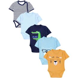 Kurzarmwickelbody TUPTAM "Wickelbody Baby Jungen Kurzarm Wickelbody 5er Set", Jungen, Gr. 68, N-Gr, blau (krokodil b&auml;r brille l&ouml;we streifen blau hellblau uni), Obermaterial: 100% Baumwolle CO., Bodys