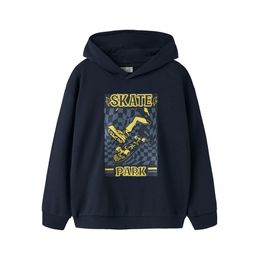 Kapuzensweatshirt name it "NKMVELTEN LS RLX SWEAT WH UNB", Jungen, Gr. 122/128, navy blazer print:sk8, Sweatware, Obermaterial: 60% Baumwolle, 40% Polyester, bedruckt, relaxed fit normal, Rundhals, Rippb&uuml;ndchen, Sweatshirts, Baumwollmischung, loose fit