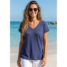 Beach Time V-Shirt BEACHTIME "mit fixiertem &Auml;rmelumschlag", Damen, Gr. 32/34, indigo, Slub, Obermaterial: 95% Viskose (LENZING&trade; ECOVERO&trade;), 5% Elasthan, unifarben, Basic, bequem normal, V-Ausschnitt, Shirts, aus elastischer Viskose-Qualit&auml;t