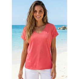 Beach Time V-Shirt BEACHTIME "mit fixiertem &Auml;rmelumschlag", Damen, Gr. 32/34, koralle, Slub, Obermaterial: 95% Viskose (LENZING&trade; ECOVERO&trade;), 5% Elasthan, unifarben, Basic, bequem normal, V-Ausschnitt, Shirts, aus elastischer Viskose-Qualit&auml;t