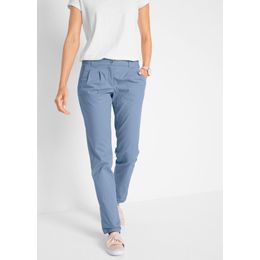 Chinohose bonprix, Damen, Gr. 48, K-Gr, mattblau (l&auml;nge: kurz), Twill, Obermaterial: 98% Baumwolle, 2% Elasthan, regular fit lang, Hosen Chinohose, schmale Form, mit Bundfalten und praktischen Taschen