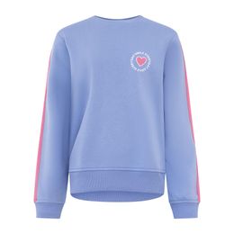 Sweatshirt Zwillingsherz "Smile Everyday", Damen, Gr. L/XL, blau (mittelblau), Sweatware, Obermaterial: 50% Baumwolle, 50% Polyester, Sweatshirts Sweatshirt, pinker Streifen am Arm, Rundhals, gesticktes Herz und Schrift
