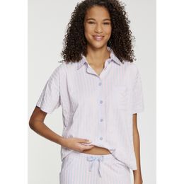 Pyjamaoberteil Vivance Dreams, Damen, Gr. 32/34, blau, rosa gestreift, Single Jersey, Obermaterial: 100% Baumwolle, gestreift, mehrfarbig, loose fit h&uuml;ftlang, abgesteppte Kante, Shirts, mit Hemdkragen