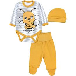 Langarmbody TUPTAM "Set Baby Bekleidungsset Langarmbody Hose M&uuml;tze3 teilig", Jungen, Gr. 50, N-Gr, gelb (biene gelb, streifen grau), Obermaterial: 100% Baumwolle CO., Bodys
