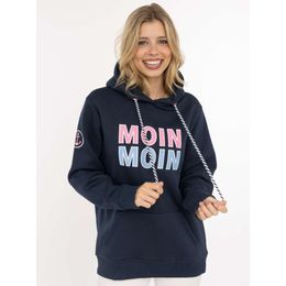 Hoodie Zwillingsherz "Moin Moin", Damen, Gr. L, blau (marine), Sweatware, Obermaterial: 50% Baumwolle, 50% Polyester, Sweatshirts Hoodie, auff&auml;lliges Front Logo, Anker am Arm, Kapuze mit Kordel, K&auml;ngurutasche