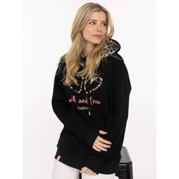 Hoodie Zwillingsherz "FOREVER wild", Damen, Gr. L/XL, schwarz, Sweatware, Obermaterial: 50% Baumwolle, 50% Polyester, Sweatshirts Hoodie, zwei gestickte Herzmotive, Leo-Design, Kapuze, K&auml;ngurutasche