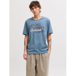 Jack & Jones Rundhalsshirt JACK & JONES "JJELOGO TEE SS O-NECK 2 COL SS26 SN", Jungen, Gr. S, blau mirage, Jersey, Obermaterial: 100% Baumwolle, bedruckt, unifarben, Rundhals, Shirts Rundhalsshirt, mit Grafikprint